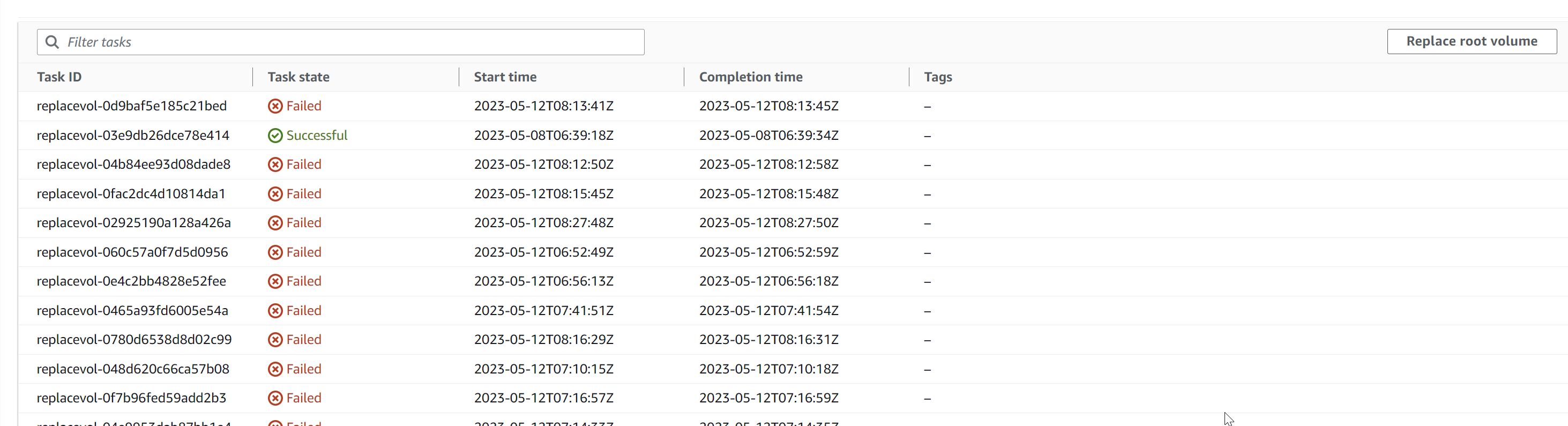 How can I see why a "replace root volume" task is failing? | AWS re:Post