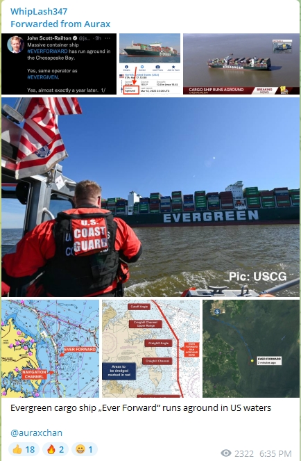 Evergreen cargo ship „Ever Forward“ runs aground in US waters ...