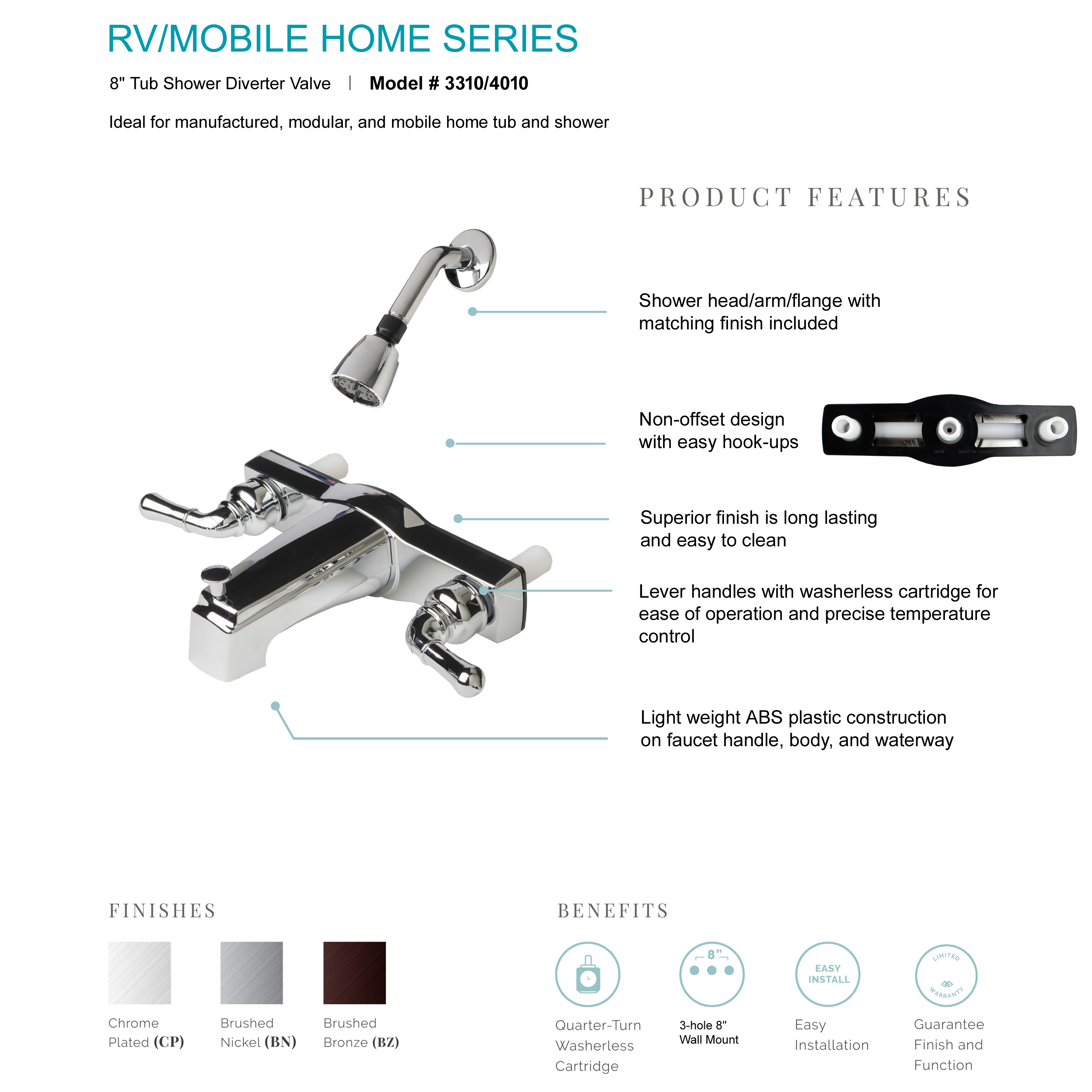 Mobile Home Two Handle 8" Tub Shower Faucet Diverter Shower Head ...