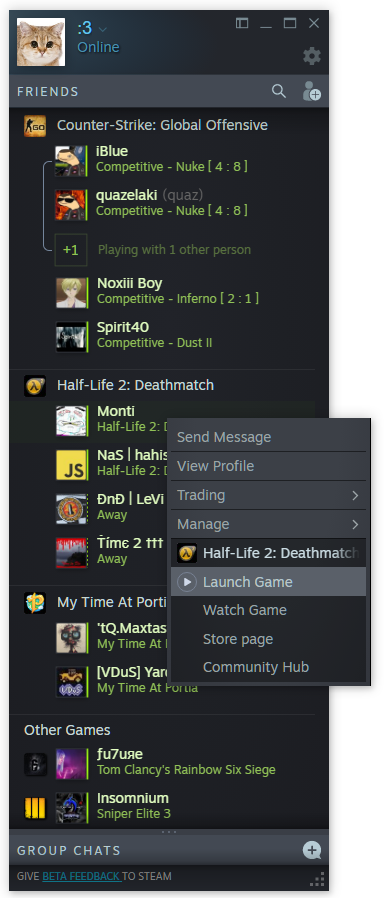 "JOIN GAME" and "VIEW GAME INFO" in context menu. :: Steam Client Beta