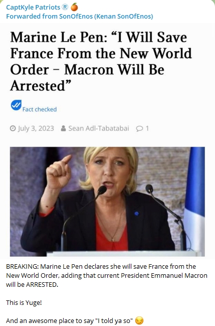 Marine Le Pen Declares She Will Save France From The New World Order Adding That Current
