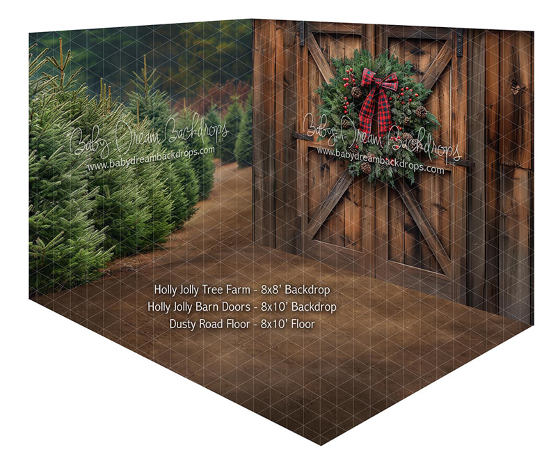 Room Holly Jolly Tree Farm + Holly Jolly Barn Doors + Dusty Road Floor — Baby Dream Backdrops
