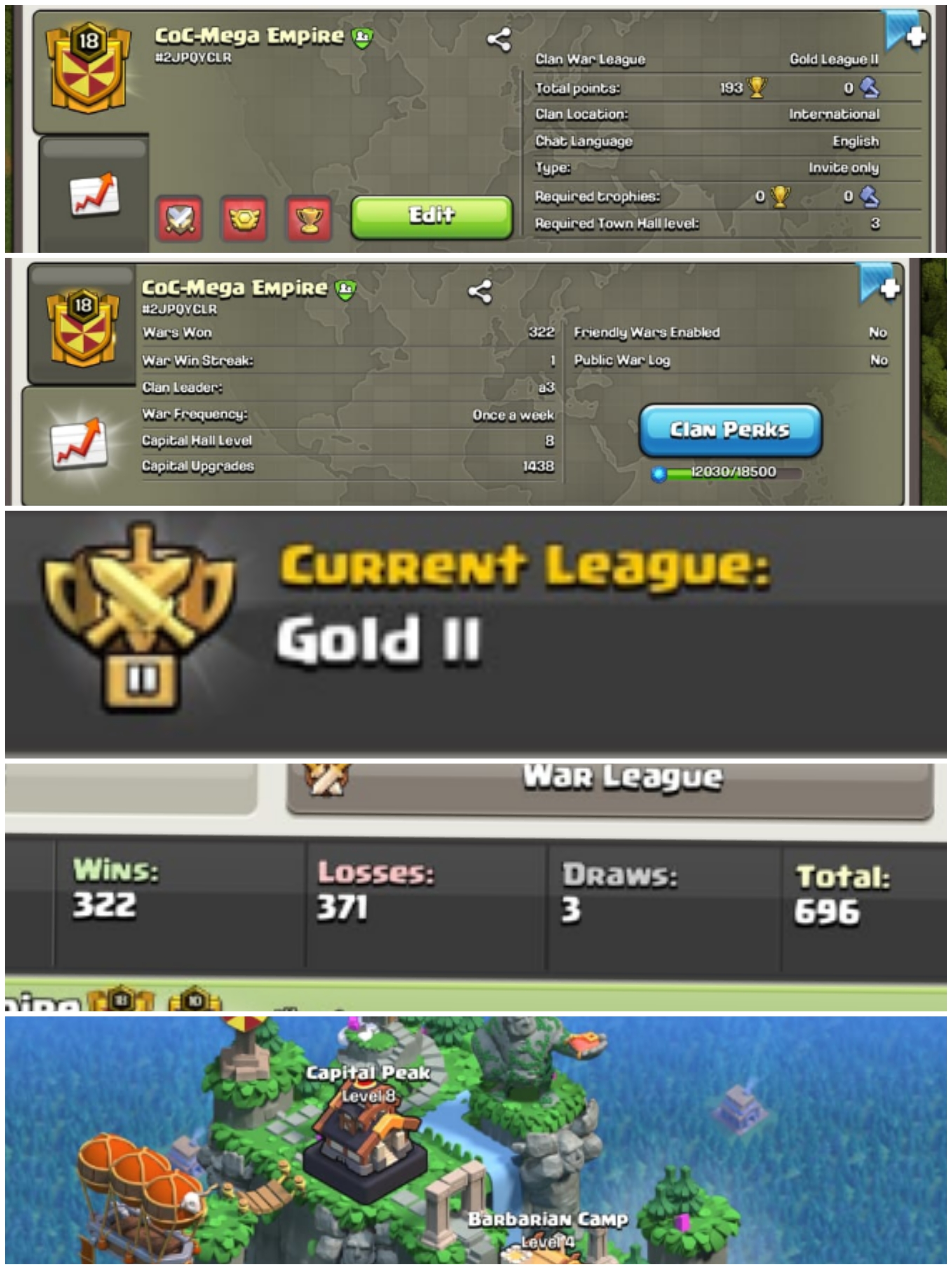 Buy CLAN LEVEL 18 GOLD LEAGUE 2 NAME:CoC MEGA EMPIRE RARE ENGLISH NAME CLAN CAPITAL 8|| WIN- 322 ...