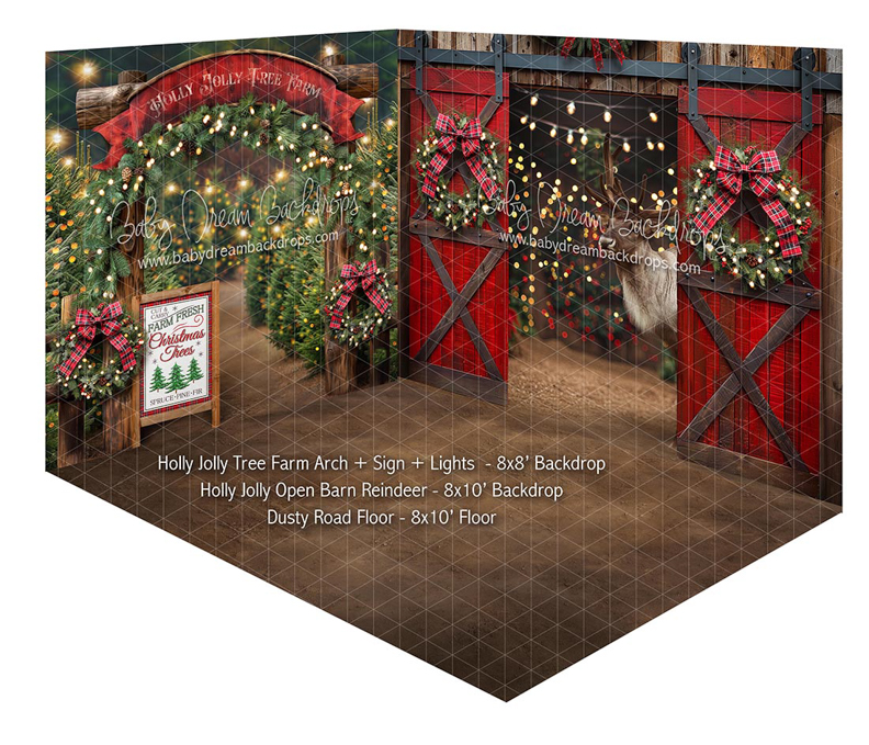 Fabric Room Holly Jolly Tree Farm Arch + Sign + Lights + Holly Jolly B — Baby Dream Backdrops