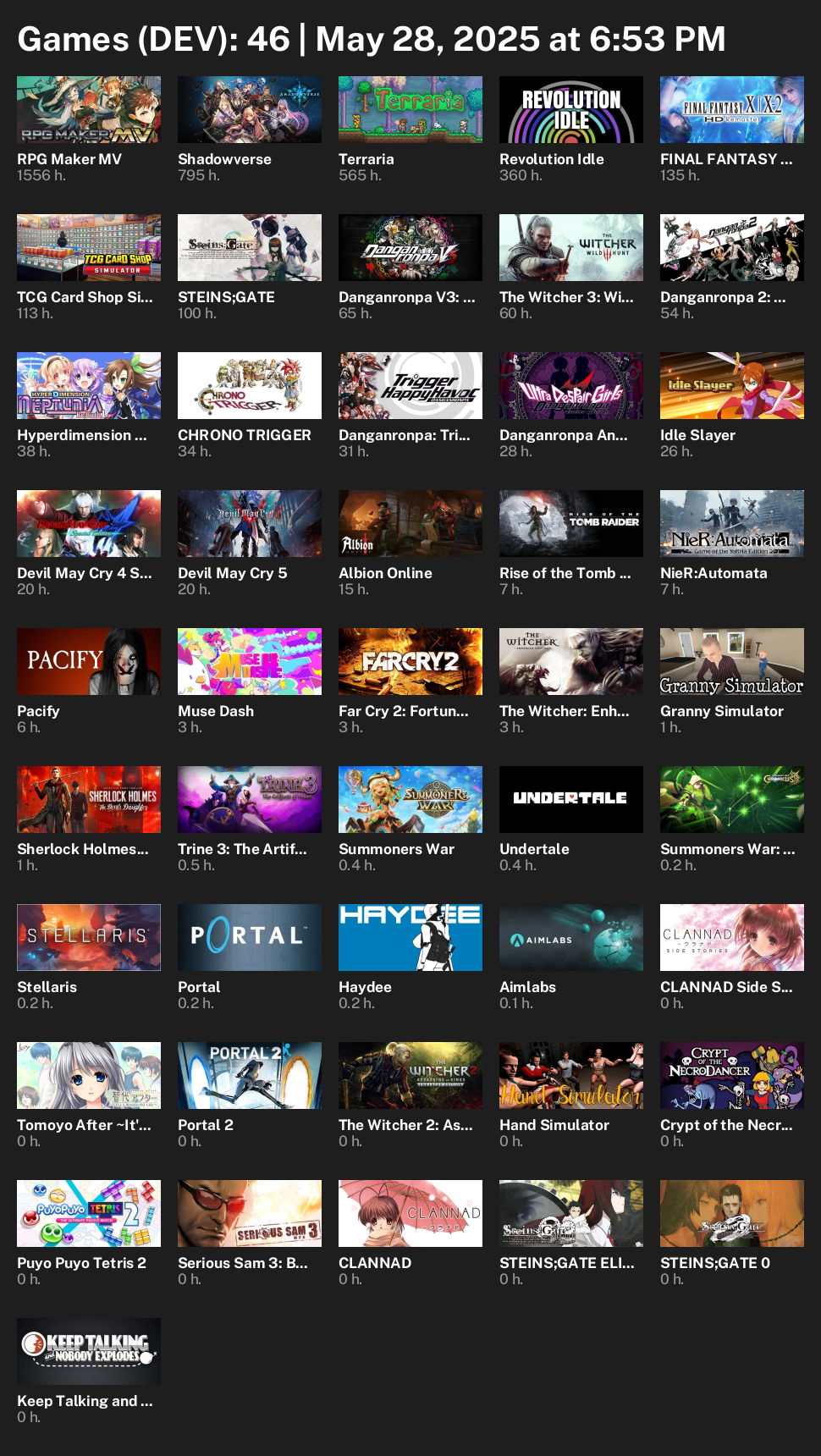 Buy 59 Games ($293) • Steam 5 LVL, 5 YRS • RPG Maker MV (1556h), Shadowverse (795h), Terraria ...